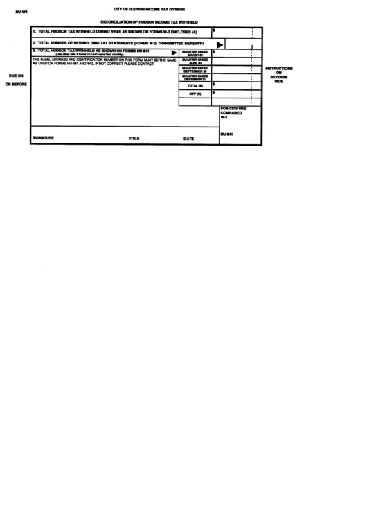 Form Hu-W3 - Reconciliation Of Income Tax Withheld printable pdf download
