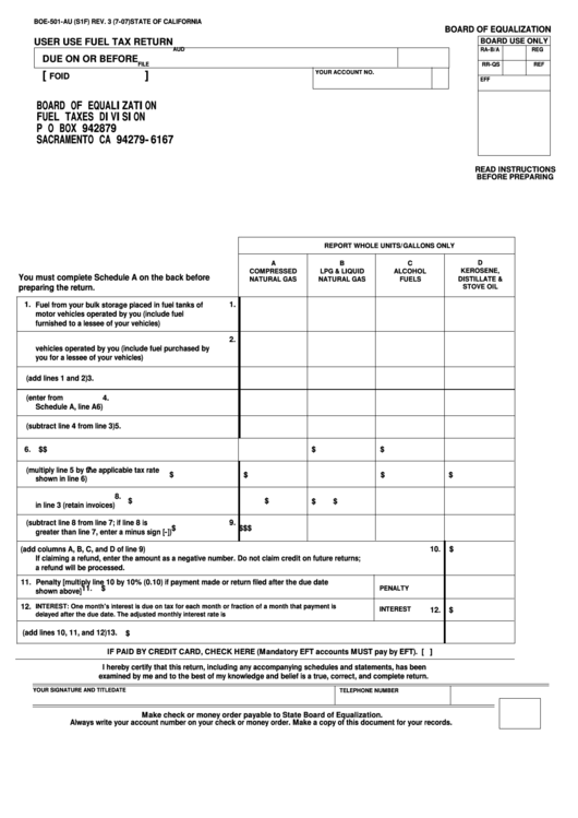 Fillable Form Boe-501-Au (S1f) - User Use Fuel Tax Return printable pdf ...