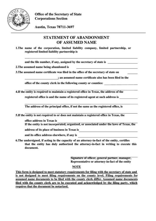 Statement Of Abandonment Of Assumed Name Form printable pdf download