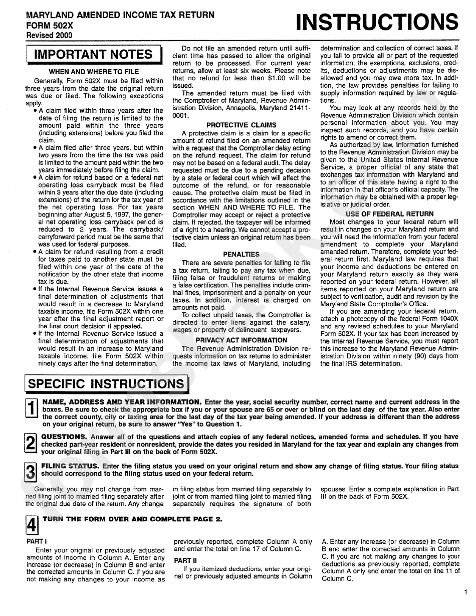 Form 502x - Instructions printable pdf download