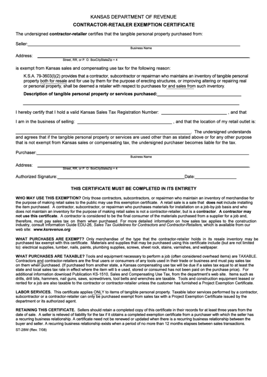 Fillable Form St-28w - Contractor Retailer Exemption - 2008 printable ...