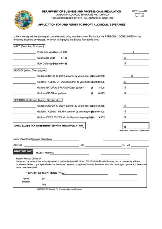 Application For And Permit To Import Alcoholic Beverages Form - 2003 ...