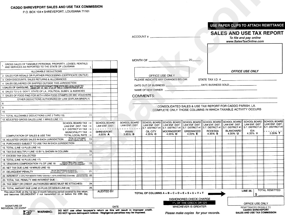 Sales And Use Tax Report Form printable pdf download