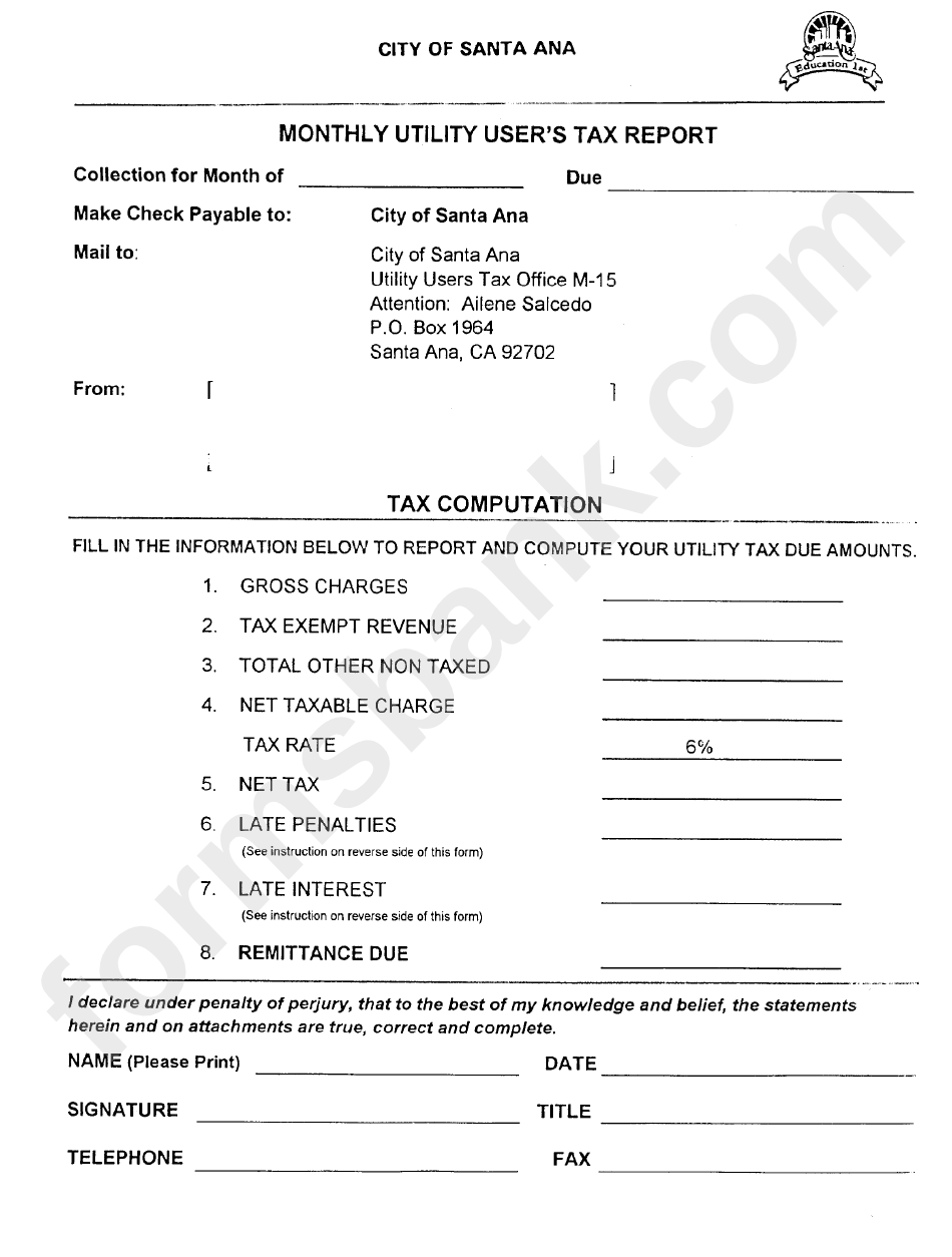 Monthly Utility User'S Tax Report Form printable pdf download
