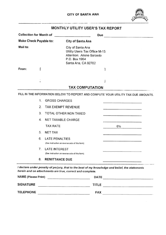 Monthly Utility User'S Tax Report Form printable pdf download