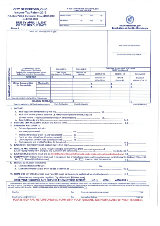 Income Tax Return Form - City Of Bedford - 2016 printable pdf download
