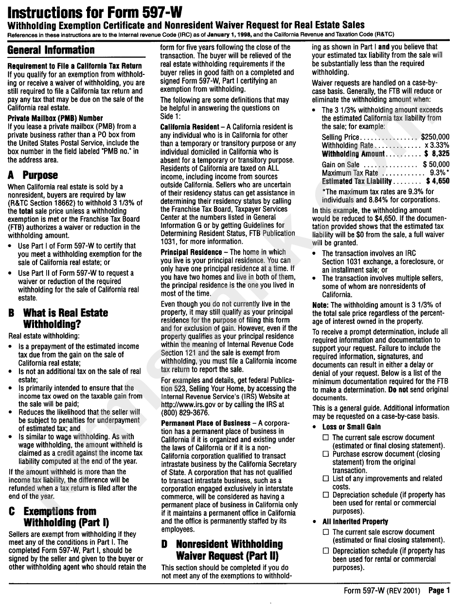 Form 597-W - Instructions printable pdf download