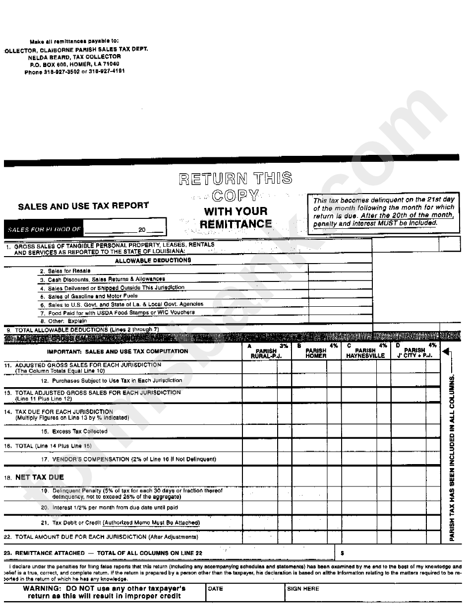 Sales And Use Tax Report Form printable pdf download