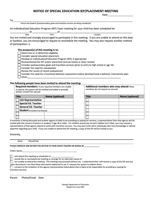 Notice Form Of Special Education Iep/placement Meeting printable pdf ...