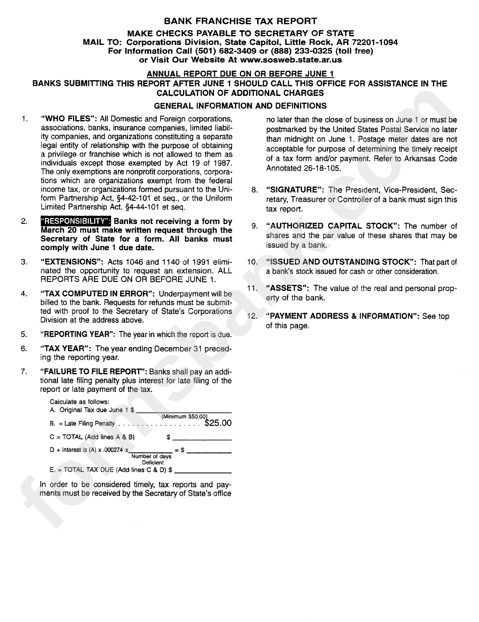 Bank Franchise Tax Report Form - Instructions printable pdf download