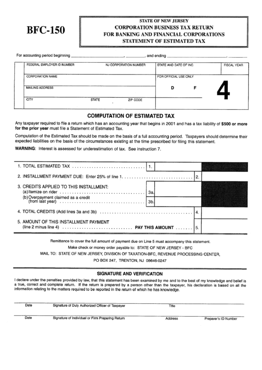 Form Bfc-150 - Corporation Business Tax Return For Banking And ...