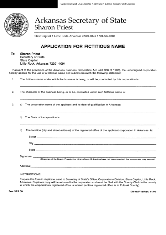 Form Dn-18/f-18 - Application For Fictitious Name printable pdf download