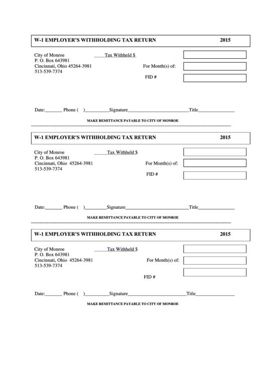 Form W-1 - Employer'S Withholding Tax Return - 2015 printable pdf download
