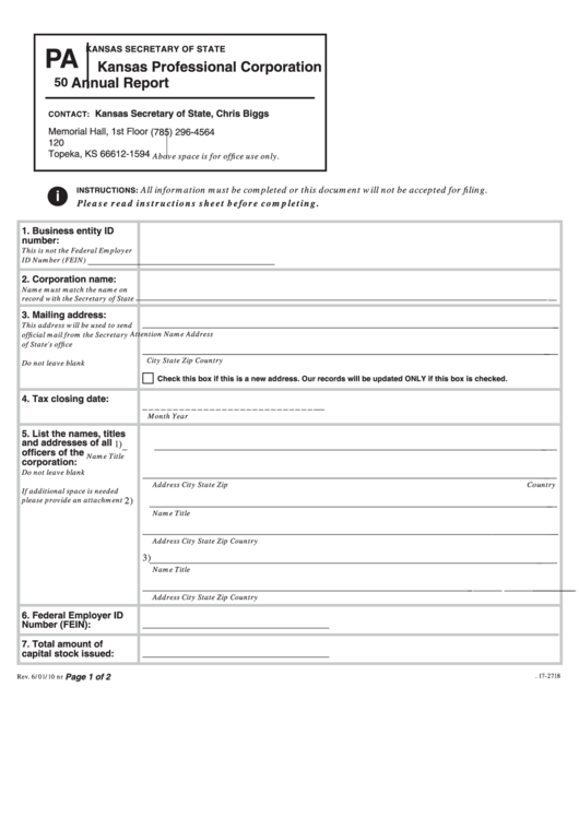 Form Pa 50 - Kansas Professional Corporation Annual Report (2010 ...