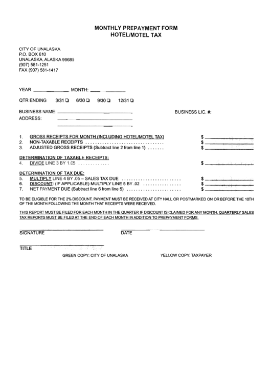 Monthly Prepayment Form - Hotel/motel Tax printable pdf download