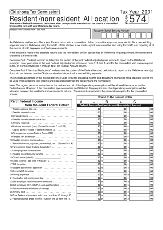 Form 574 - Resident Or Nonresident Allocation - 2001 printable pdf download