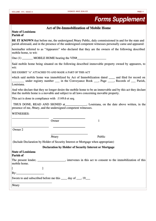 Act Of De-Immobilization Of Mobile Home Form printable pdf download