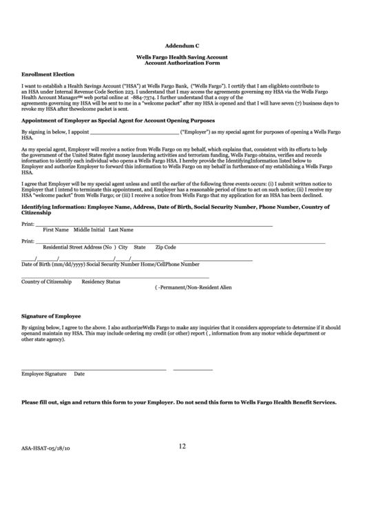 Fillable Wells Fargo Health Saving Account Account Authorization Form