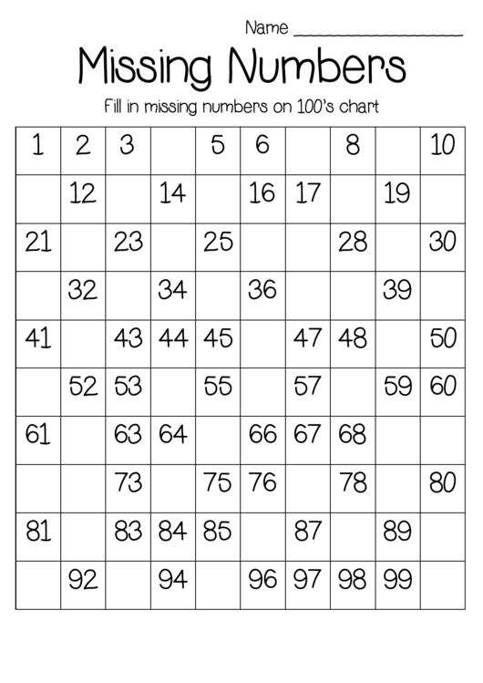 Hundreds Chart Missing Numbers