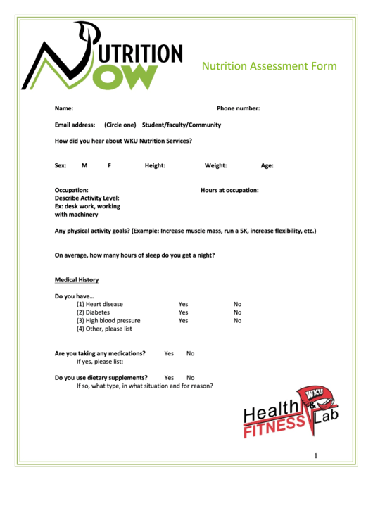 Nutrition Assessment Form Printable Pdf Download