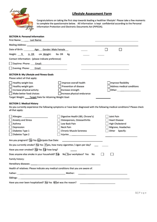 Lifestyle Assessment Form printable pdf download
