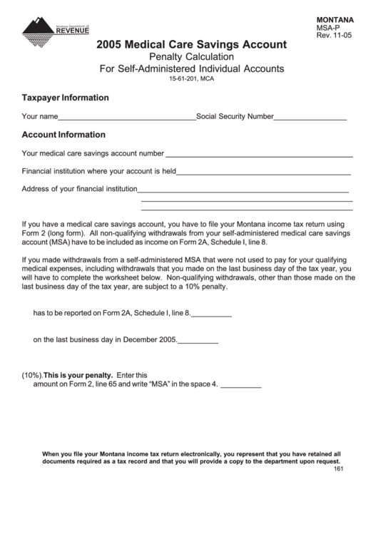Form Msa-P - 2005 Medical Care Savings Account printable pdf download