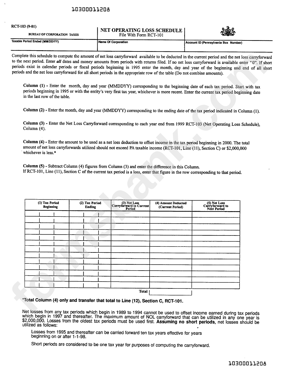 Form Rct-103 - Net Operating Loss Schedule printable pdf download