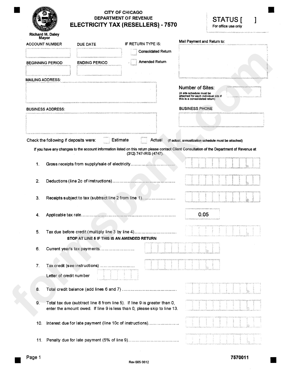 Form 7570 - Electricity Tax (Resellers) - Chicago printable pdf download