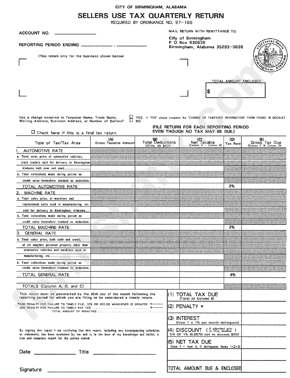 Sellers Use Tax Quarterly Return Form - City Of Birmingham printable ...