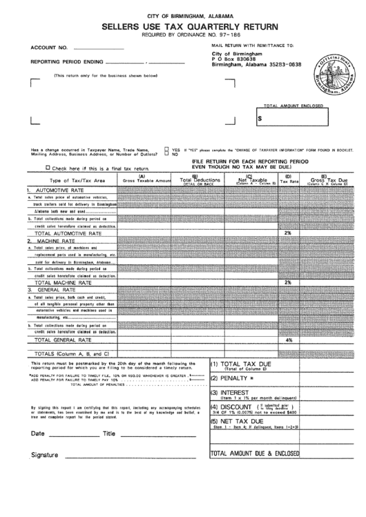 Sellers Use Tax Quarterly Return Form - City Of Birmingham printable ...
