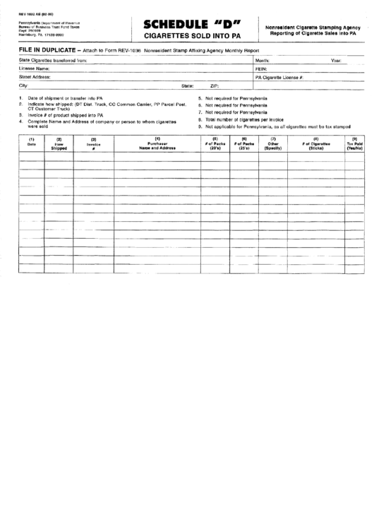 Form Rev-1032 - Schedule D - Cigarettes Sold Into Pa printable pdf download