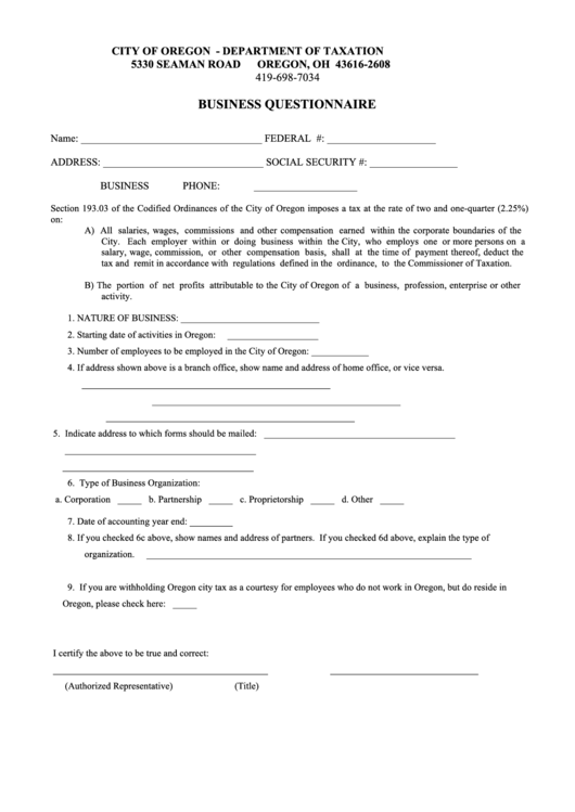 Business Questionnaire Form printable pdf download
