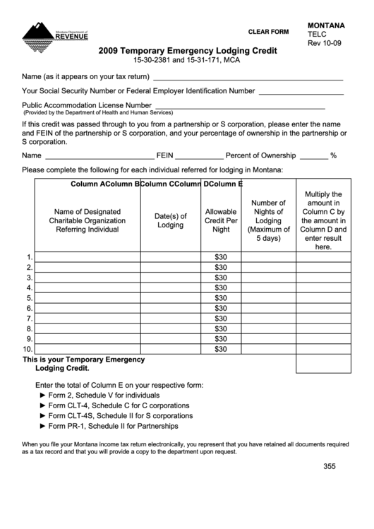 Fillable Form Telc - 2009 Temporary Emergency Lodging Credit printable ...