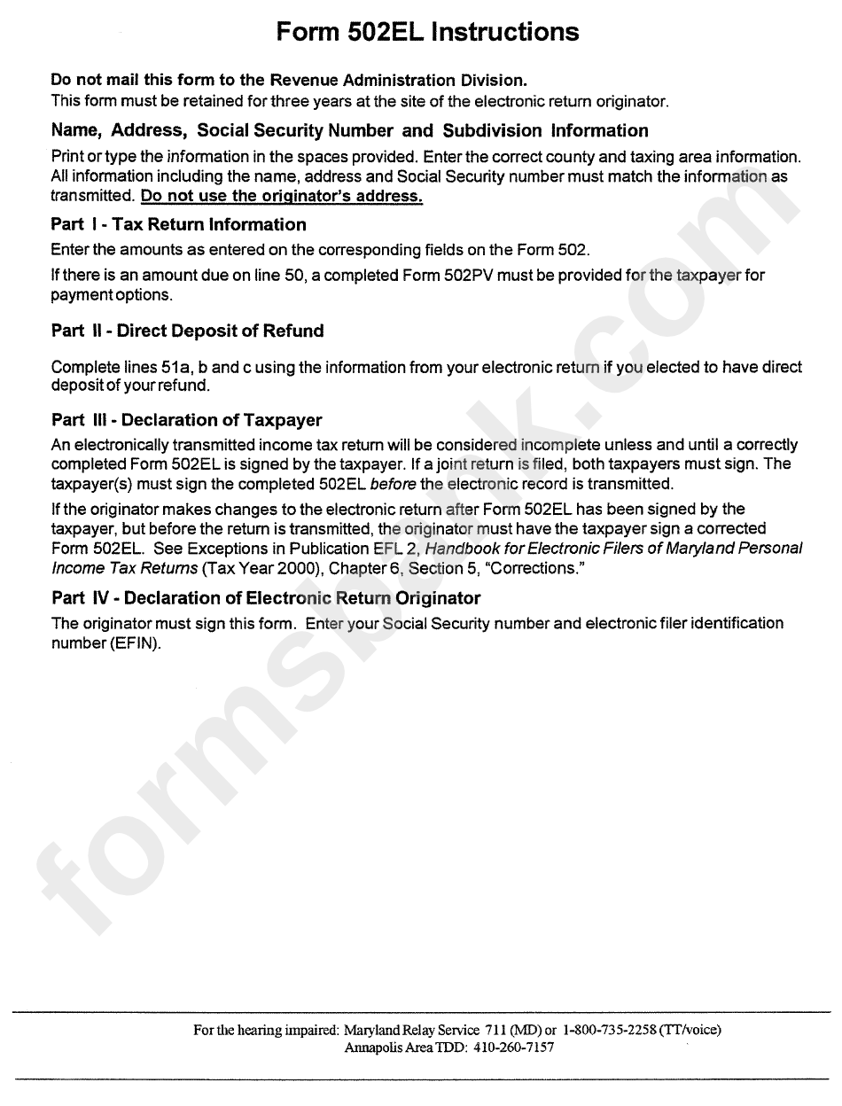 Instructions For Form 502el printable pdf download