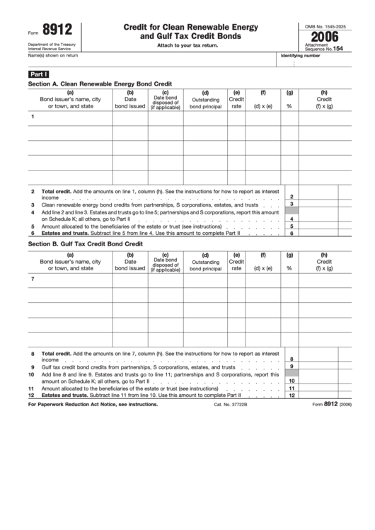 Fillable Form 8912 - Credit For Clean Renewable Energy And Gulf Tax ...