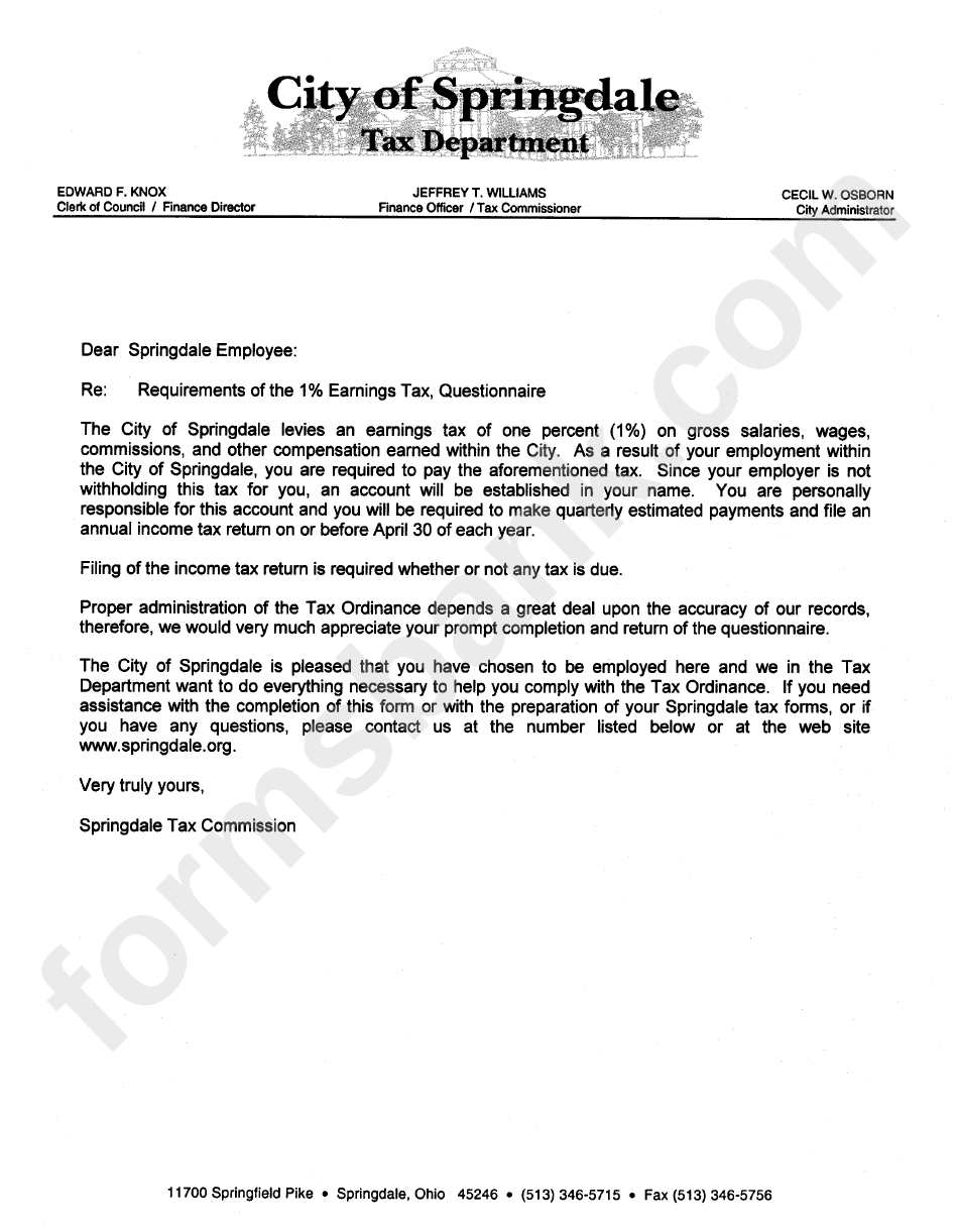 Income Tax Return Form - Springdale Tax Comission printable pdf download