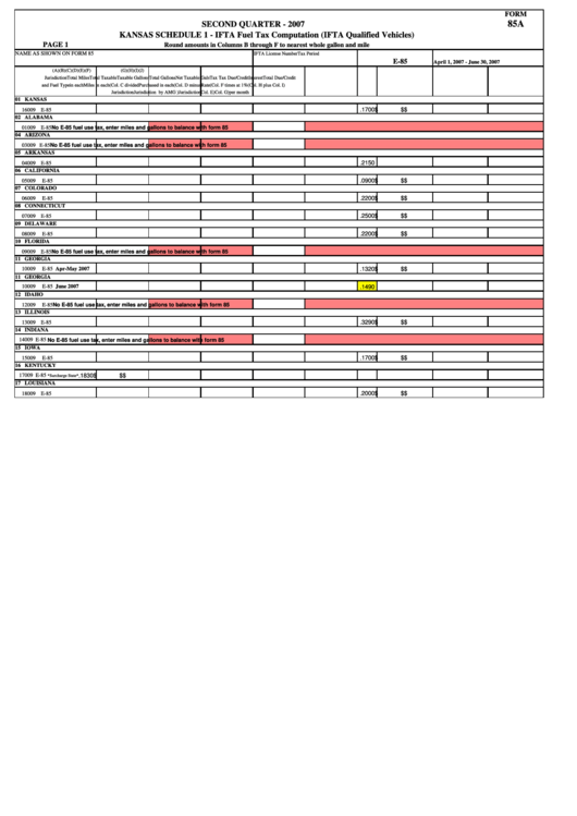 Form 85a - Kansas Schedule 1 - Ifta Fuel Tax Computation (Ifta ...