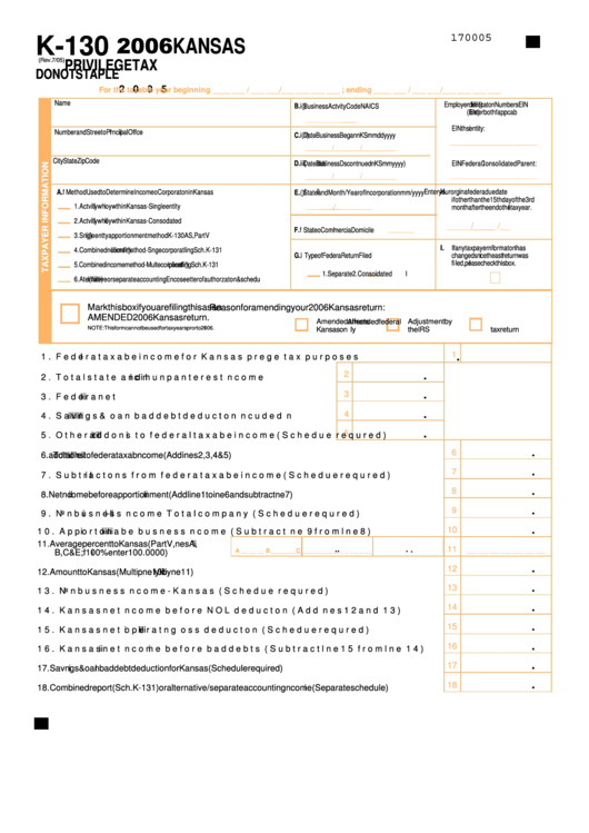 Form K-130 - 2006 Kansas Privilege Tax printable pdf download