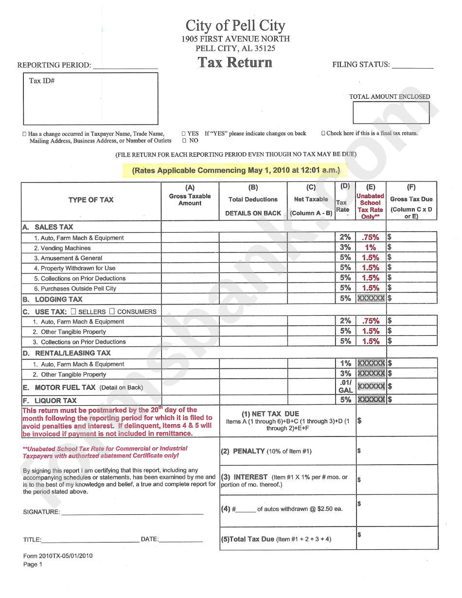 Form 2010tx - Tax Return printable pdf download