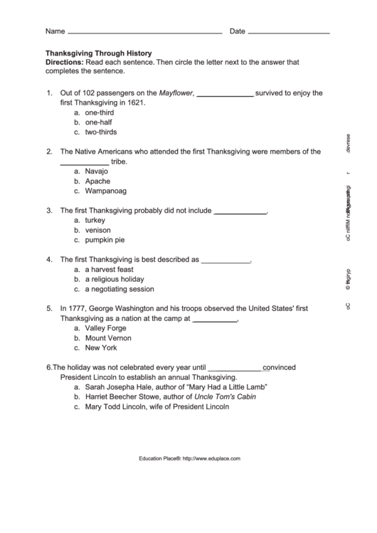 Thanksgiving Through History Activity Sheet printable pdf download