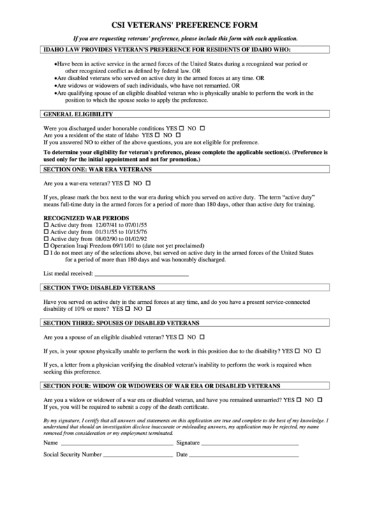 Fillable Csi Veterans' Preference Form - Idaho printable pdf download