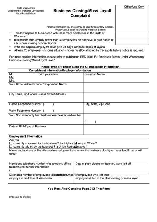 Form Erd-9646 - Business Closing/mass Layoff Complaint printable pdf ...