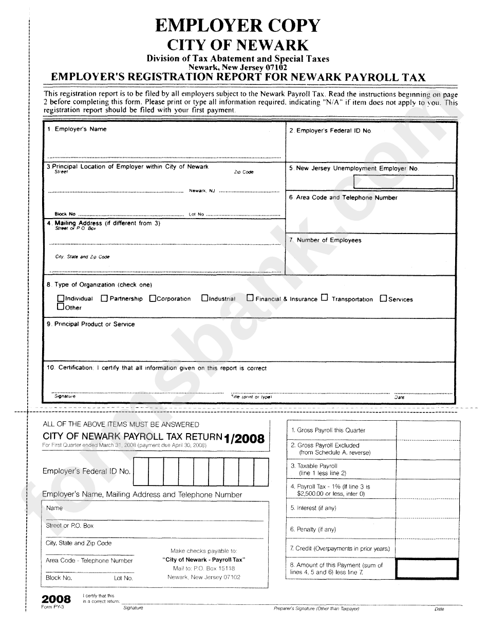 Form Py-3 - Employer'S Registration Report For Newark Payroll Tax ...