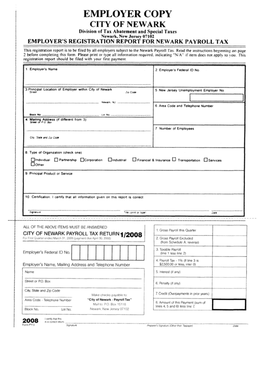 Form Py-3 - Employer'S Registration Report For Newark Payroll Tax ...