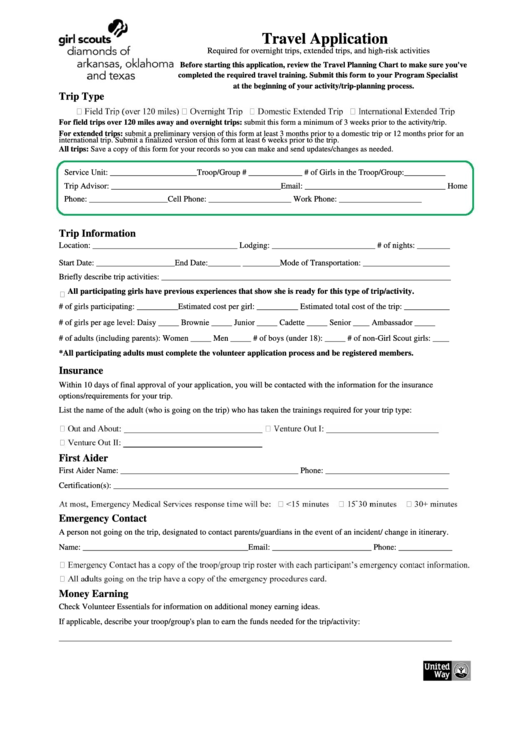 Travel Application Form printable pdf download