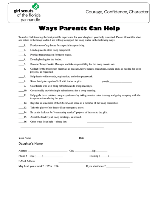 Ways Parents Can Help Form printable pdf download