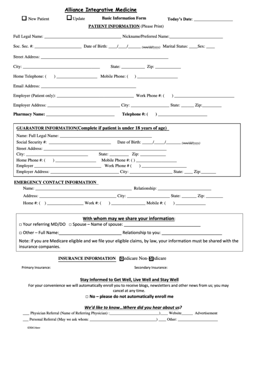 Patient Information Form printable pdf download