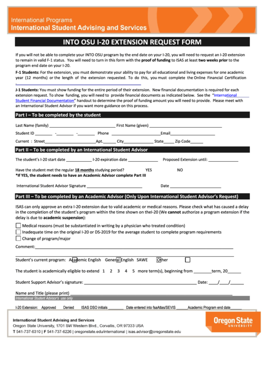 International Students Assistance Form - Into Osu I-20 Extension Request printable pdf download