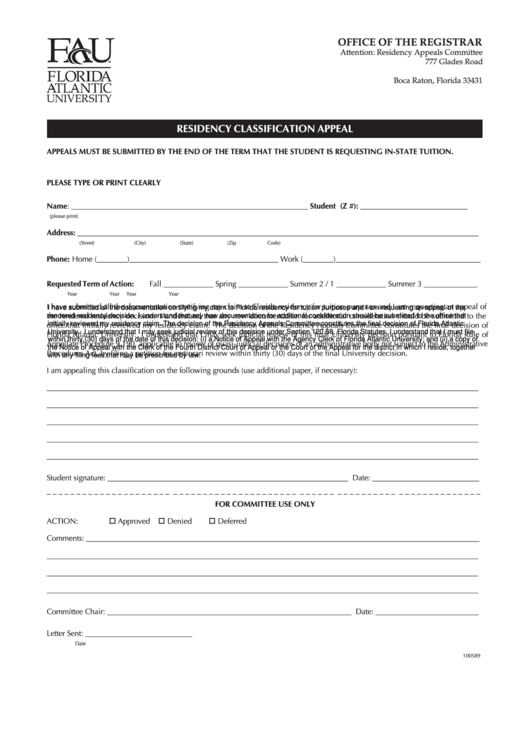 Residency Classification Appeal Form printable pdf download