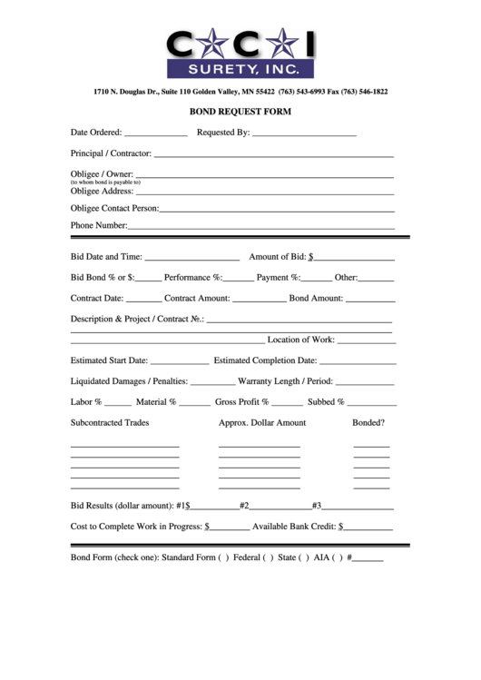 Fillable Bond Request Form printable pdf download